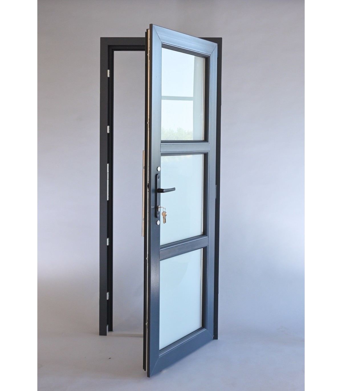 Porta Exterior Aluplast PVC Vidro Fosco 90x200cm Antracite Esquerda